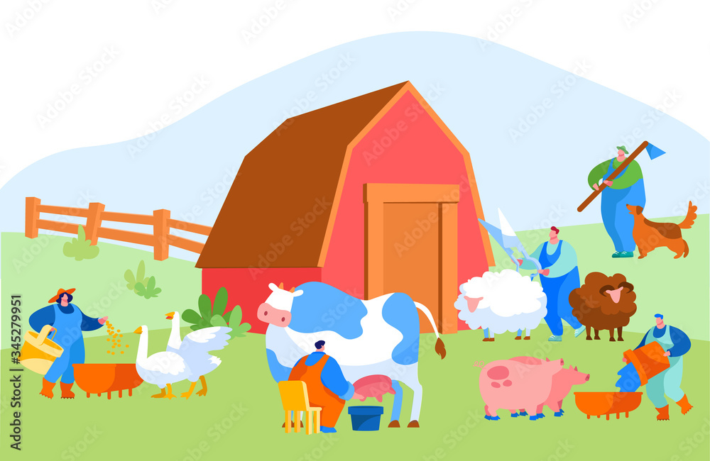 People Doing Farming Job as Feeding Domestic Animals, Milking Cow ...