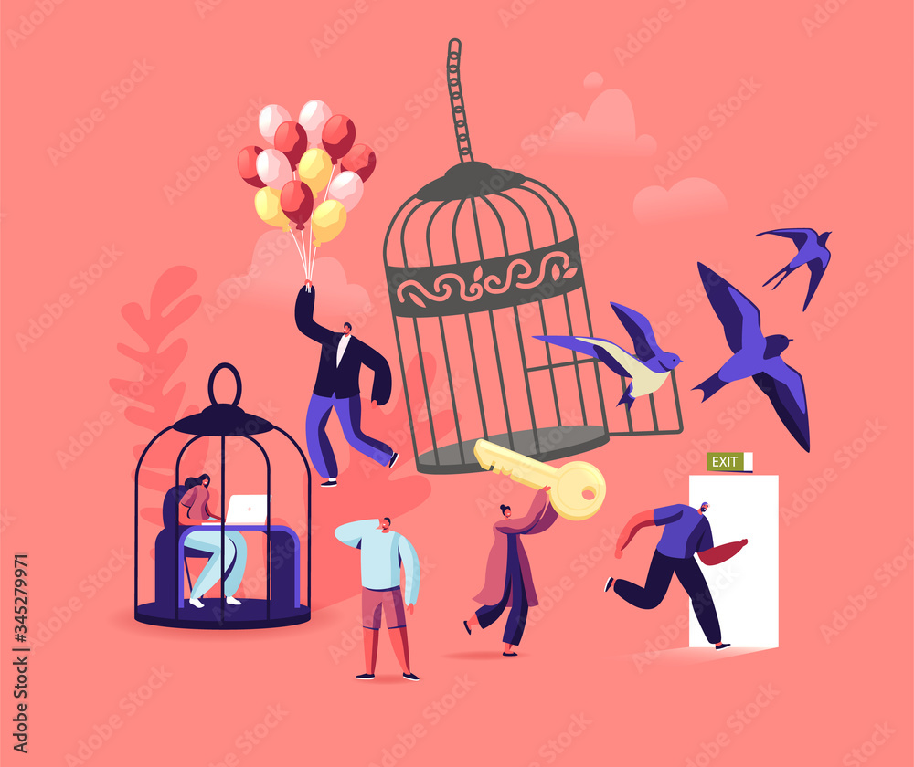 Characters Escape Home Isolation, Freedom Concept. People Leaving Cages ...