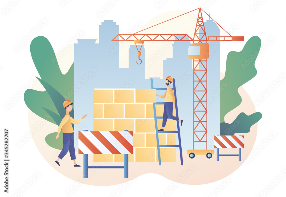 Build and Home Repair concept. Tiny men builders and repairers working ...