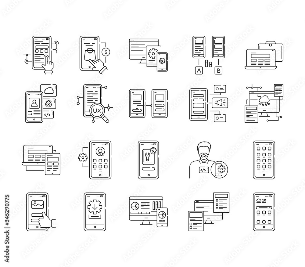 App development black line icons set. Creating and using a mobile application. Pictograms for ...