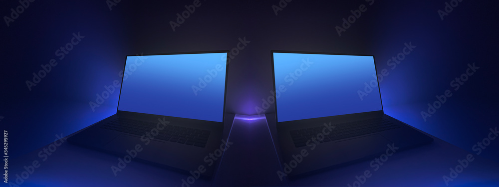 Dark neon background. A laptop on a table with neon lights. Abstract ...
