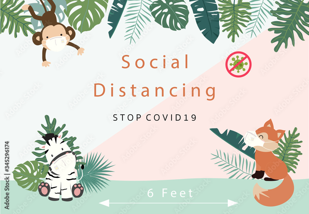 Cute animal social ditancing collection with zebra,fox,monkey is ...