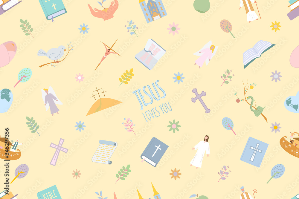 Stylish seamless patterns with funny cartoon bible characters on a ...