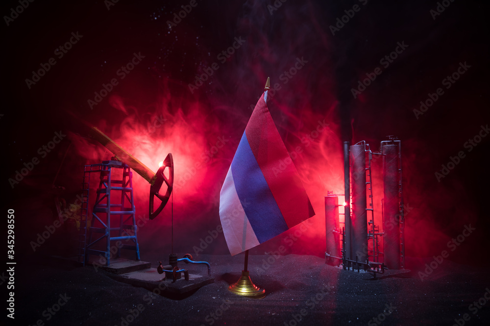 Business dialogue, oil agreement concept: National flags with Oil pump ...