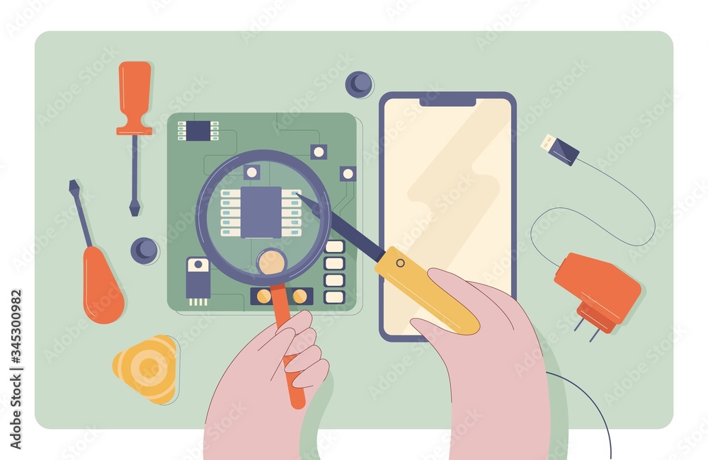 Cartoon technician male hands mobile phone repair use tools top view ...