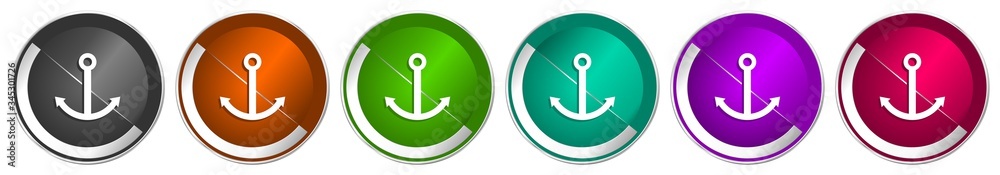 Anchor icon set, silver metallic chrome border vector web buttons in 6 ...