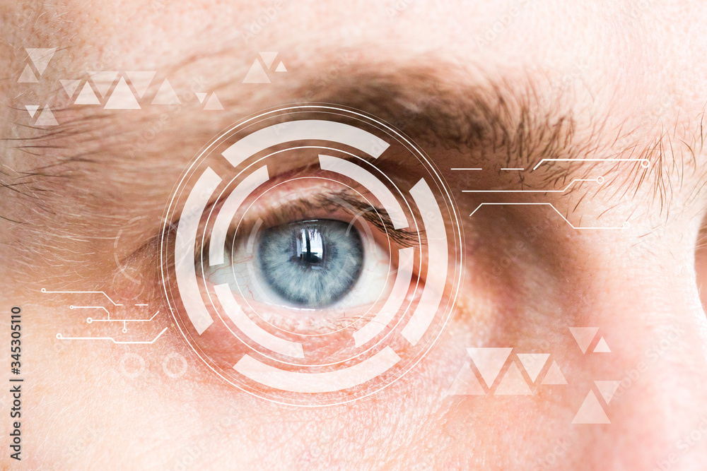 Eye monitoring and scanning data. Biometric scan of male eye closeup ...