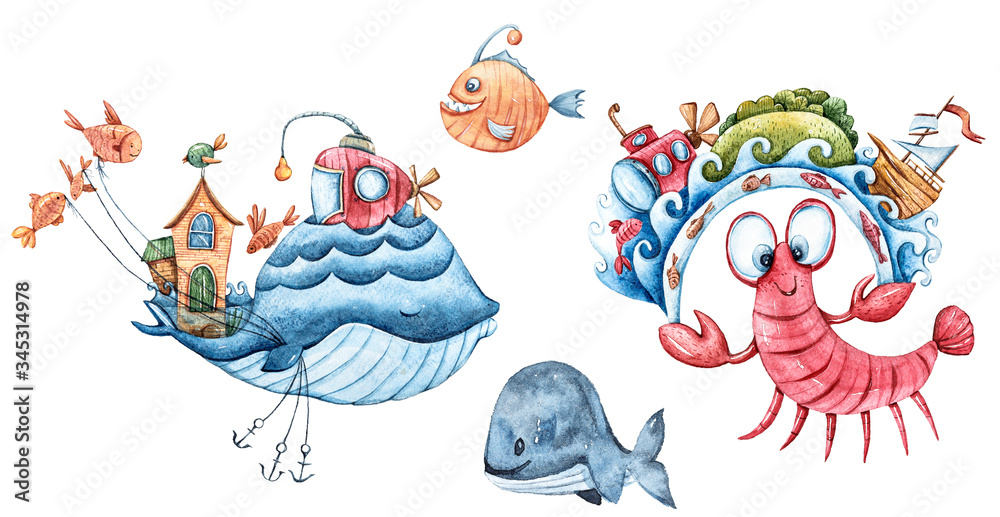 Watercolor nautical set. Hand painted cartoon characters clipart: fish ...