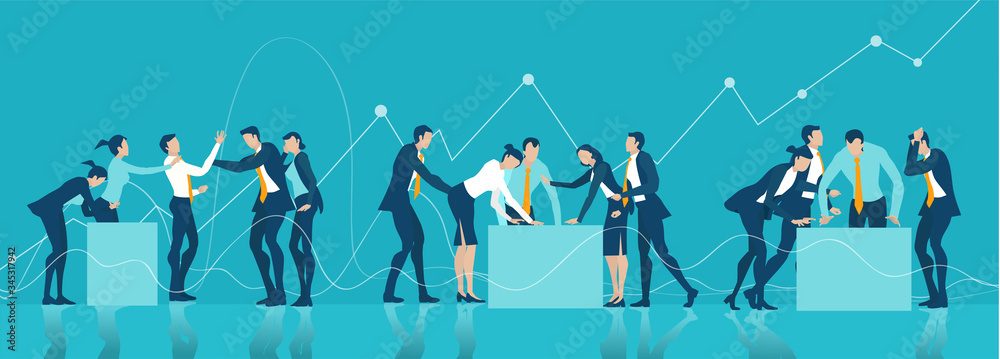 Three group of business people working on idea. Competition, working ...