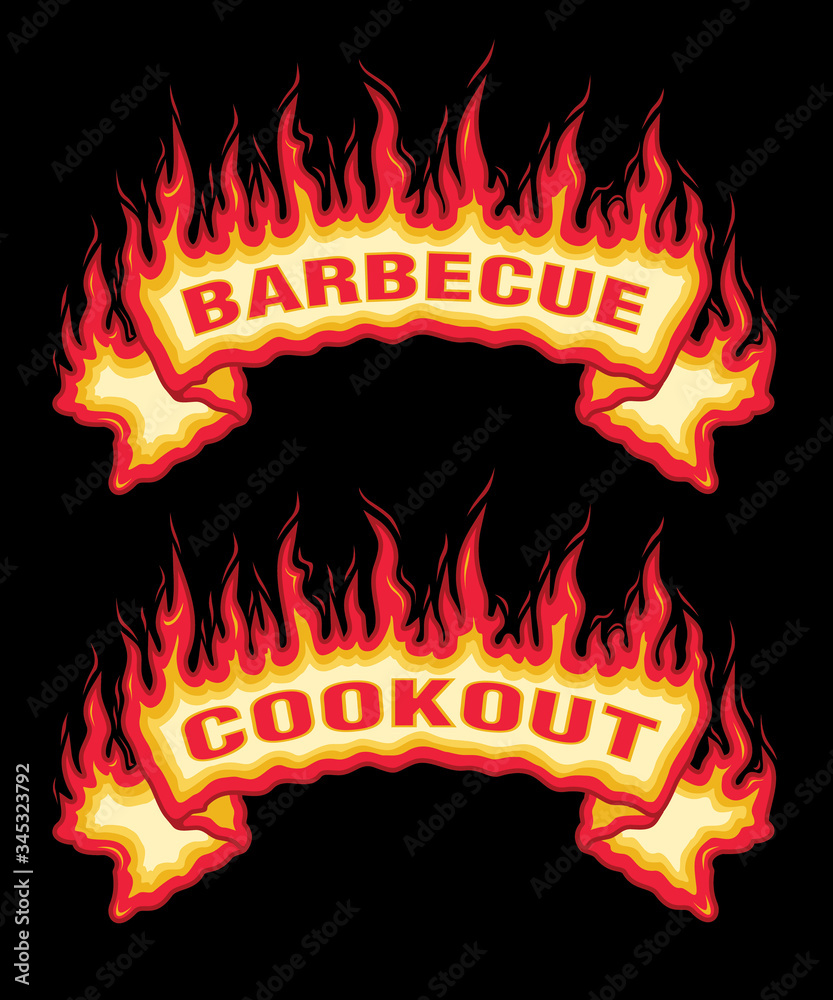 Barbecue Cookout Fire Flames Banner is an illustration of an top arched ...