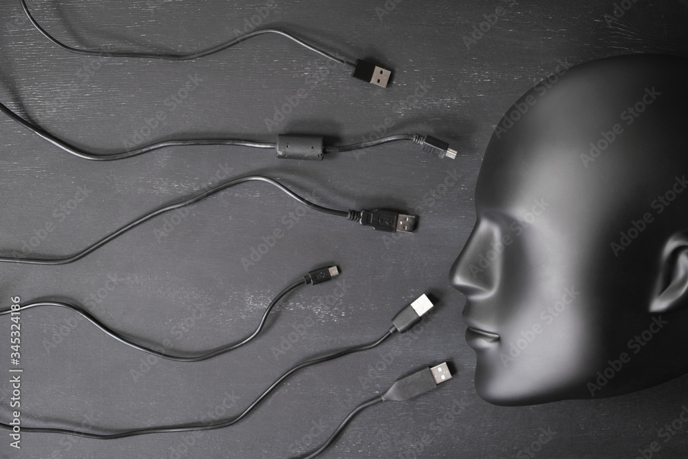 Artificial intelligence, futuristic cyborg concept in total black color ...