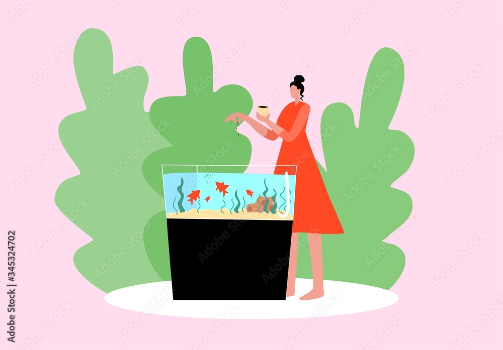 Woman feeds fish, vector illustration. Housewife is doing housework ...