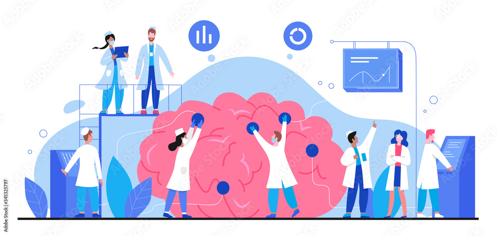 Neurology vector illustration. Cartoon tiny doctor people study human ...