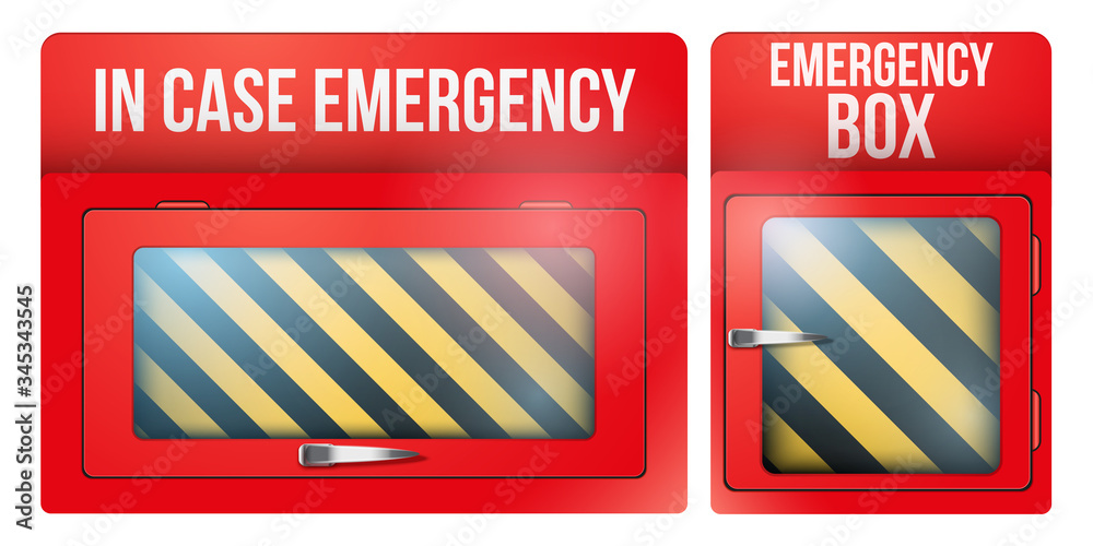 Set of Empty red emergency box with in case of emergency breakable ...