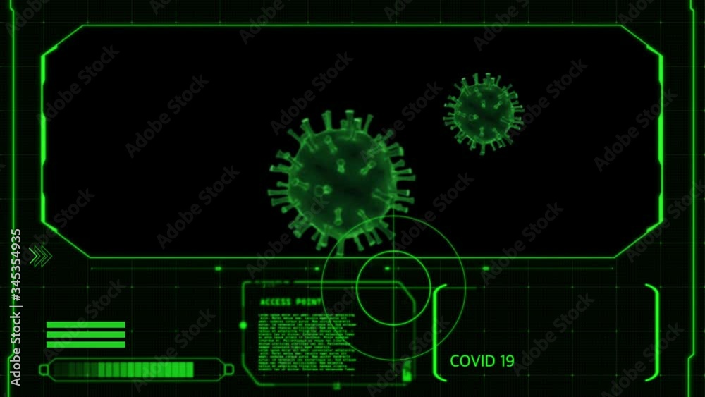 Animation green frame with space and Covid 19 virus on black background ...