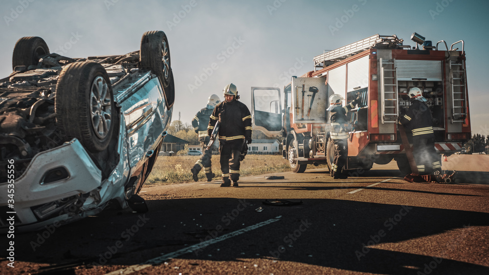 Rescue Team of Firefighters Arrive on the Car Crash Traffic Accident ...