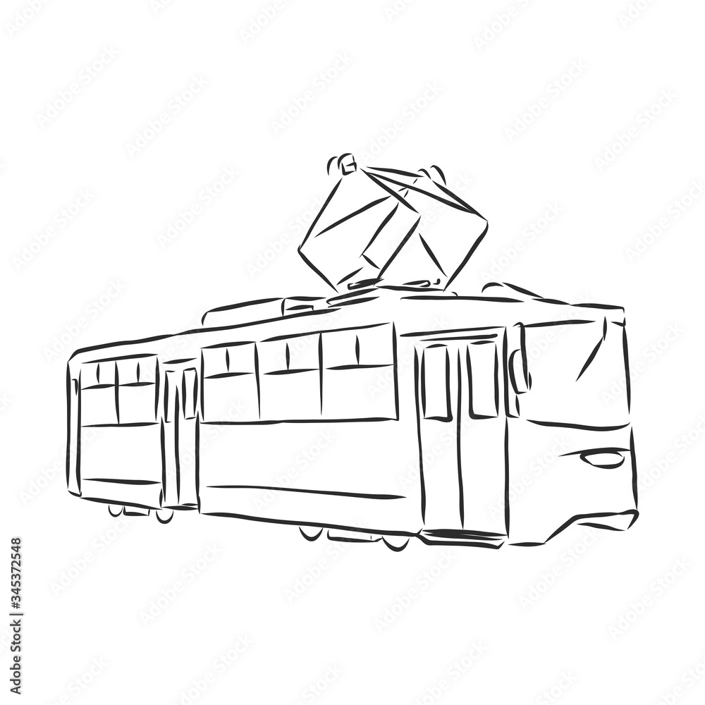 Set of vintage trams. Retro transport. Old times. Vector hand drawn ...