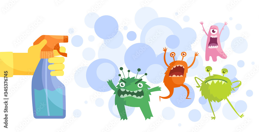 Colorful cartoon bacteria and a gloved hand spraying anti-bacterial ...