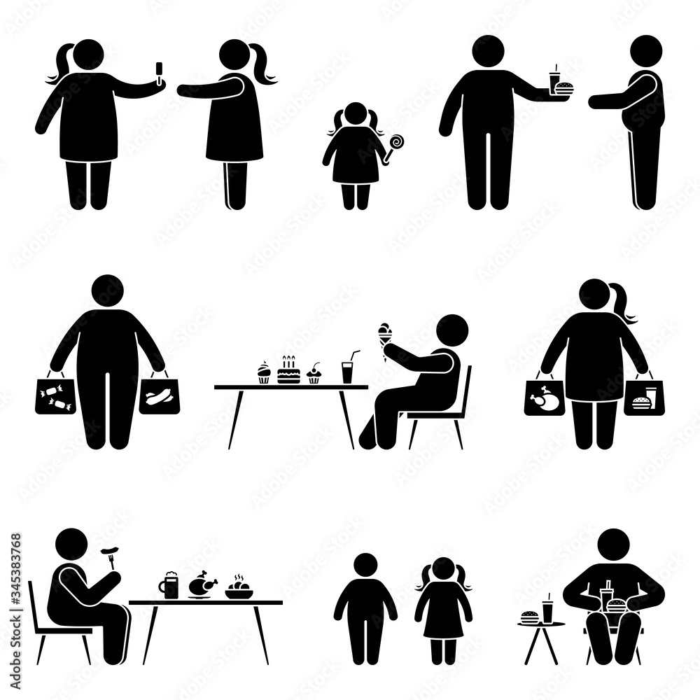 Stick figure eating sweets, fast food, fat meal, shopping, buying ...