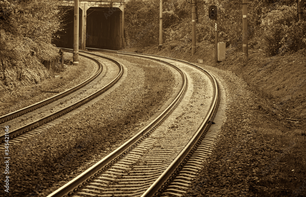 Railroad, two tracks. The frame is a smooth rotation. Entry into the ...