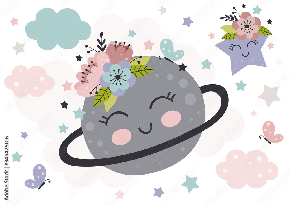 cute poster with beautiful planet, star and flowers - vector ...
