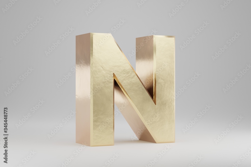 Gold 3d letter N uppercase. Golden letter isolated on white background ...