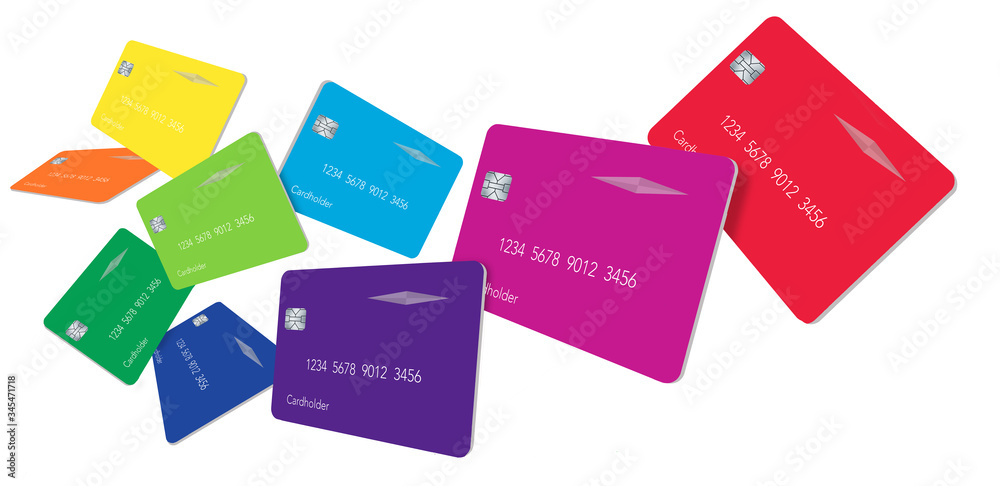 Nine credit card or debit cards in the colors of the spectrum float ...