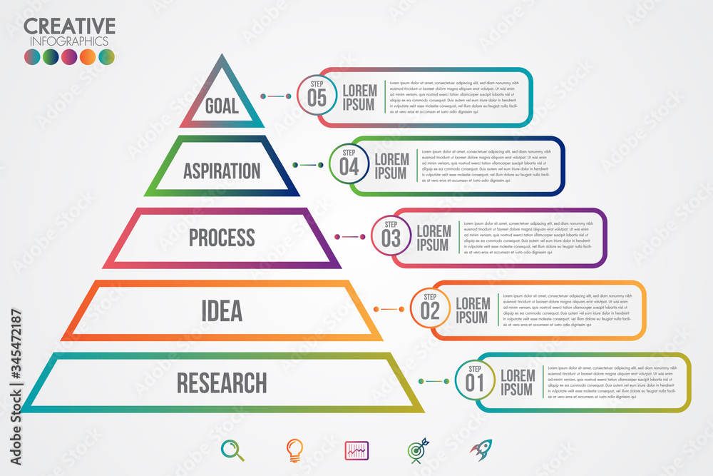 Pyramid triangle infographic colorful template with 5 steps or options ...