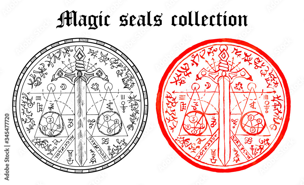 Design set of magic seals with sword and mystic symbols isolated on ...