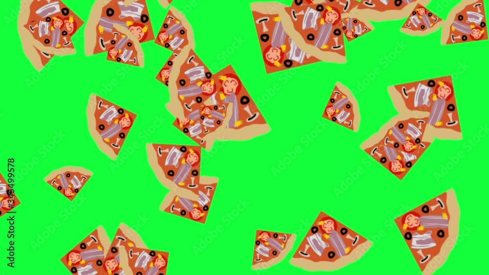 Slices of pizza falling animation elements on green screen chroma key ...