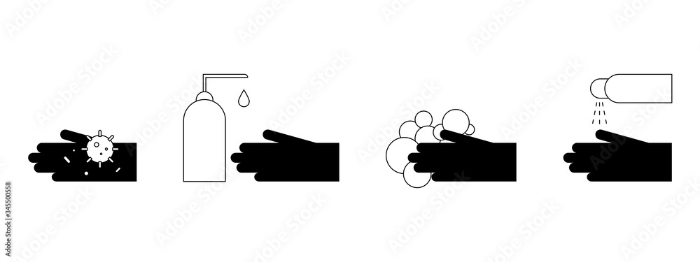 Wash your hands illustration. Set glyph hygiene icons. Dirty hands with ...