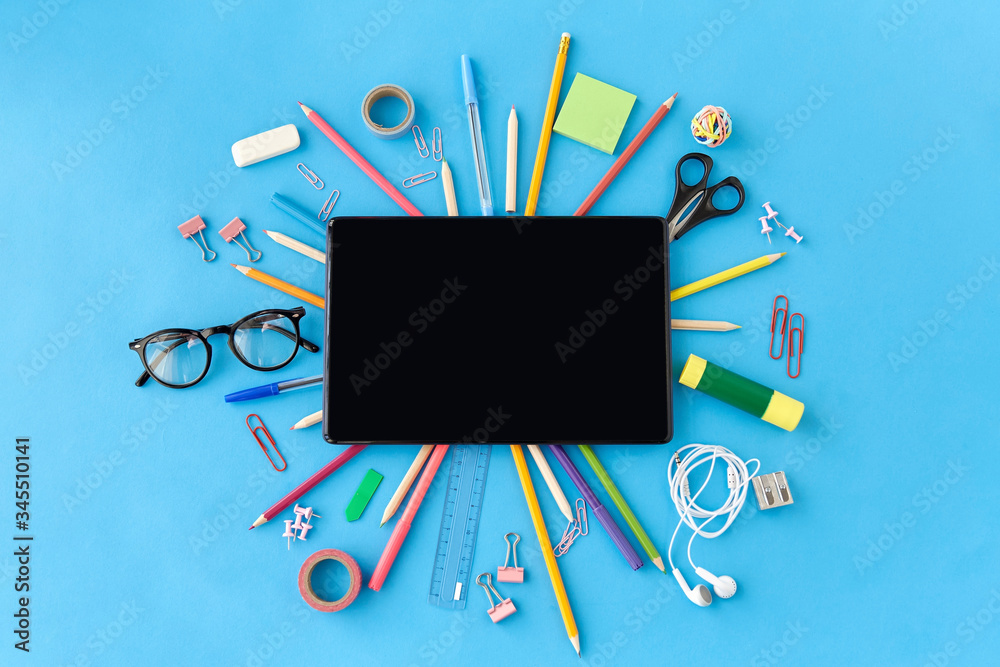 education, technology and object concept - tablet pc computer and ...