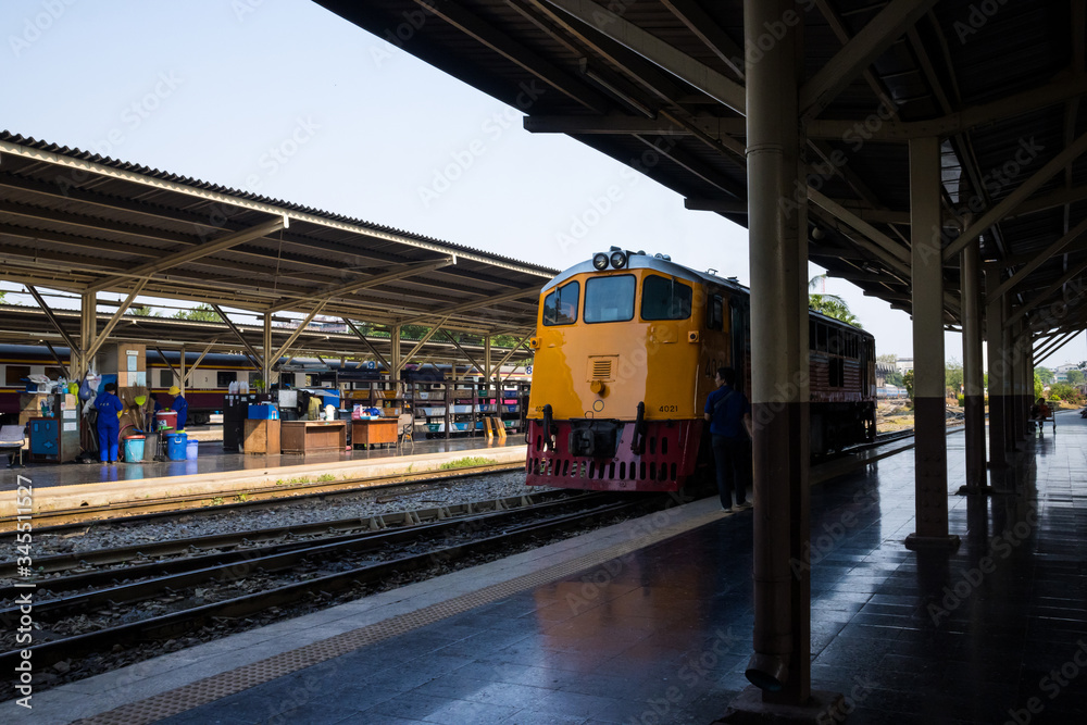 vintage train. diesel locomotive train stop at public station. old ...