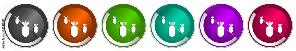 Bomb icon set, war, military, weapon silver metallic chrome border ...