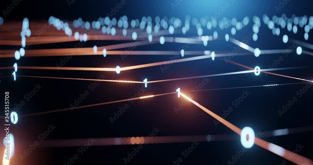 A data grid with golden and blue connections and binary numbers. Data ...