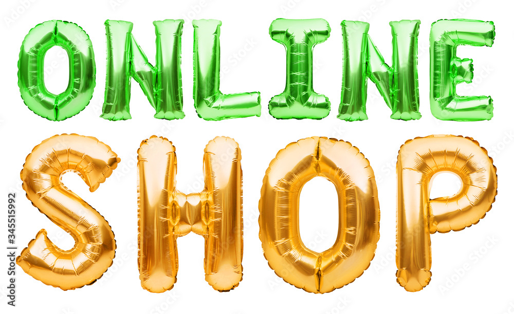 Golden and green words ONLINE SHOP made of inflatable balloons isolated ...