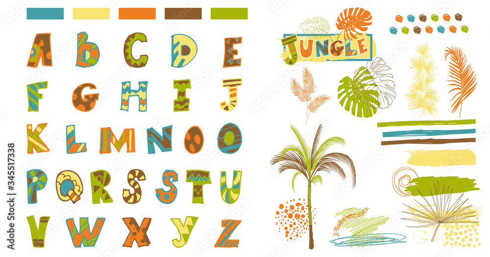 a collection of font and elements for the design of prints with ...