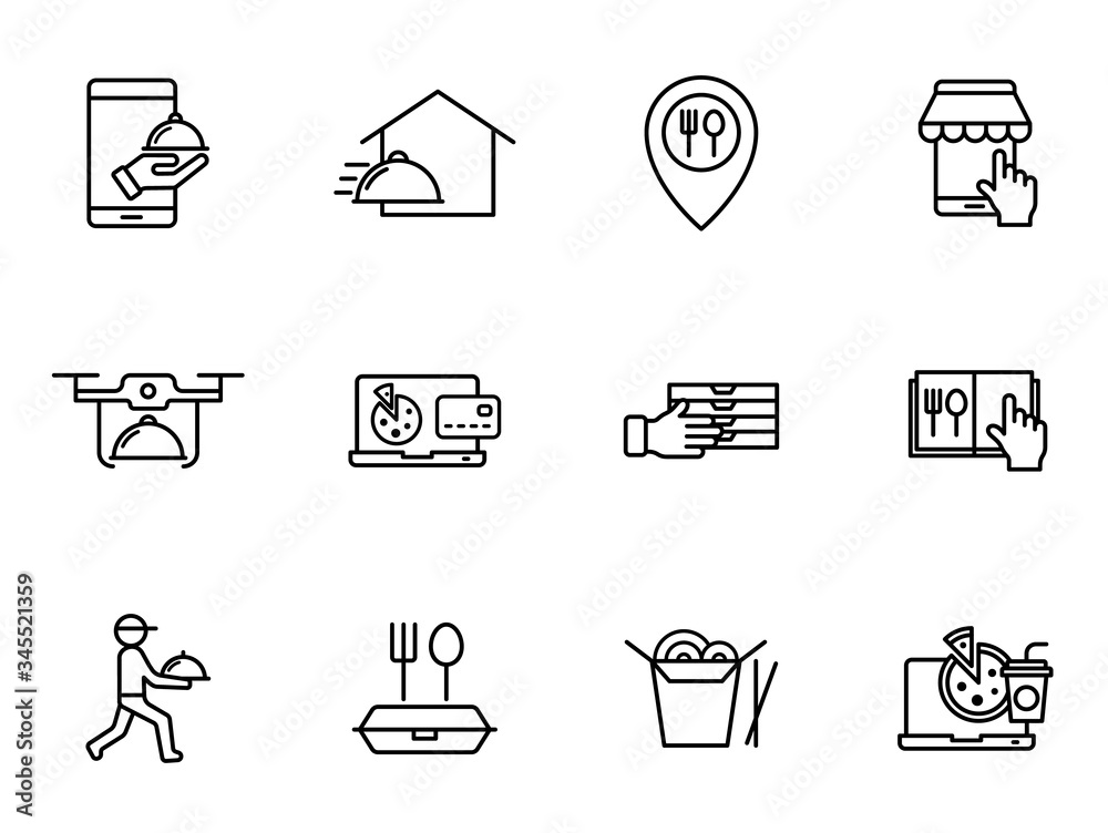 Food delivery line vector icons isolated on white. Food delivery linear ...