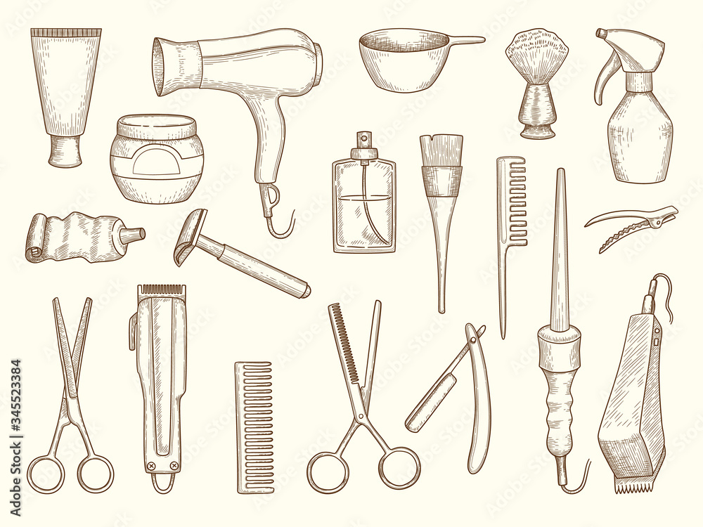 Barber shop collection. Drawing accessories for beauty haircut salon ...