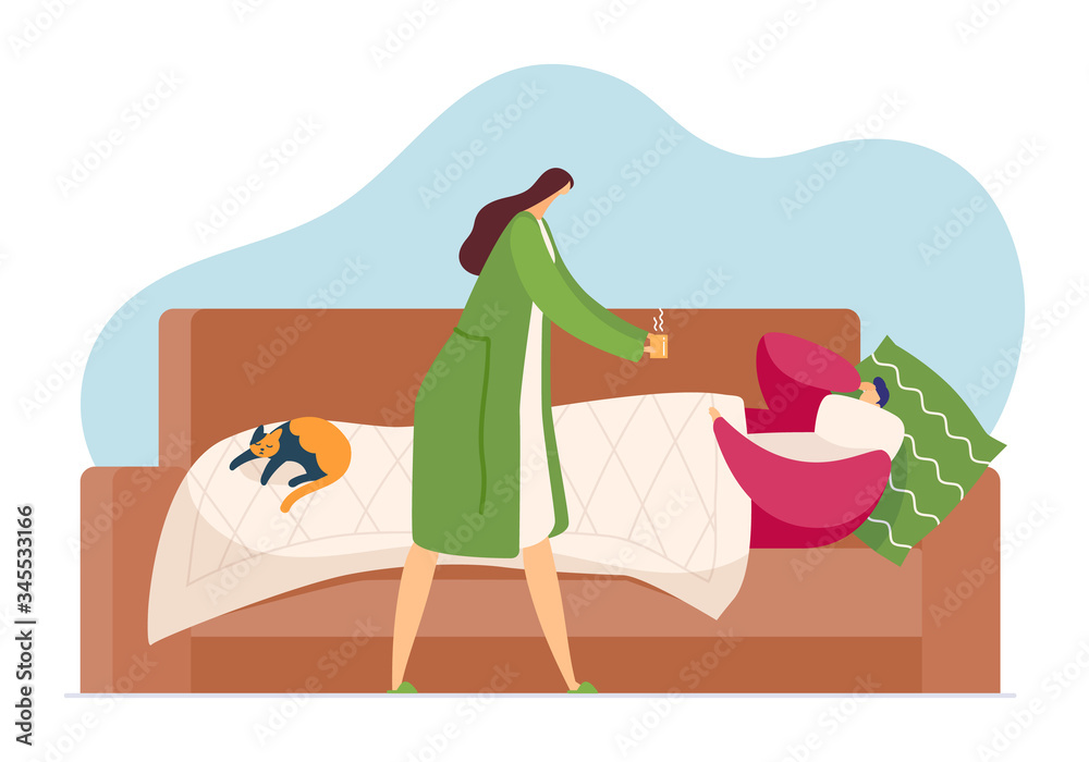 Man with cold lying in bed, flu season in couple, vector illustration ...