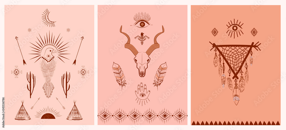 Collection of boho and tribal posters with dreamcatcher, birds, buffalo ...