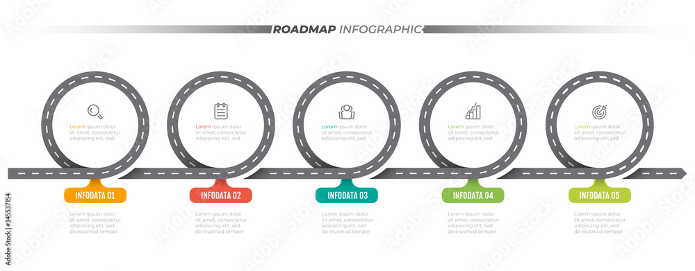 Road map infographic template. Timeline with 5 steps, options. Business ...