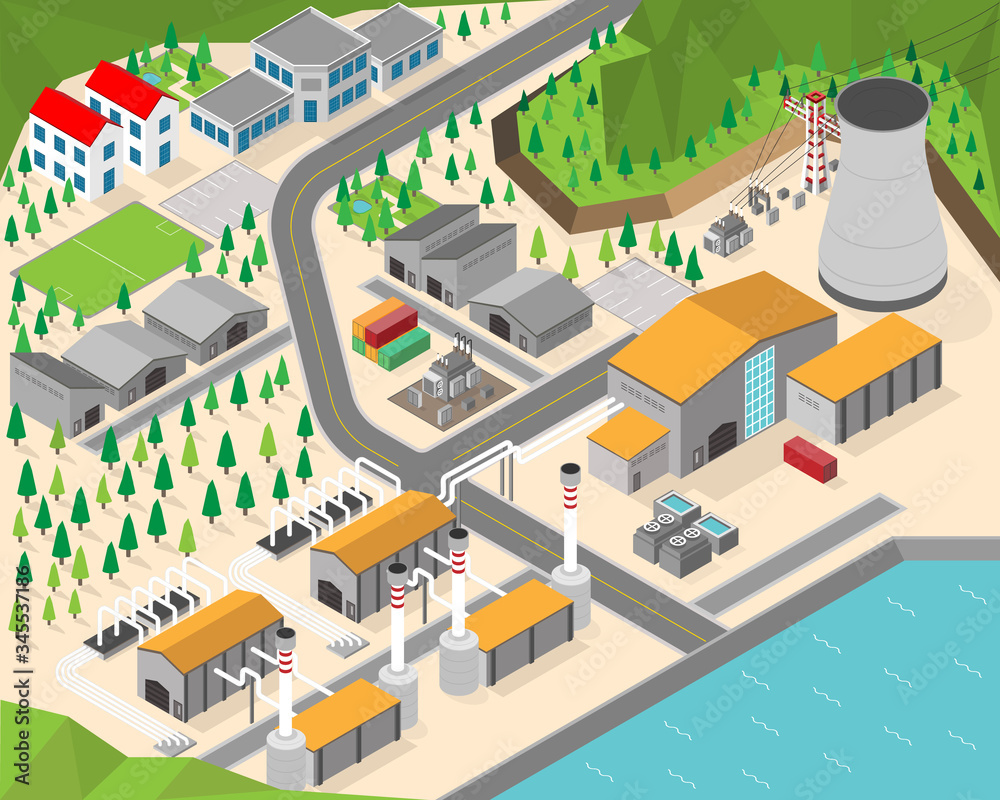 Poster geothermal energy, geothermal power plant in isometric graphic ...