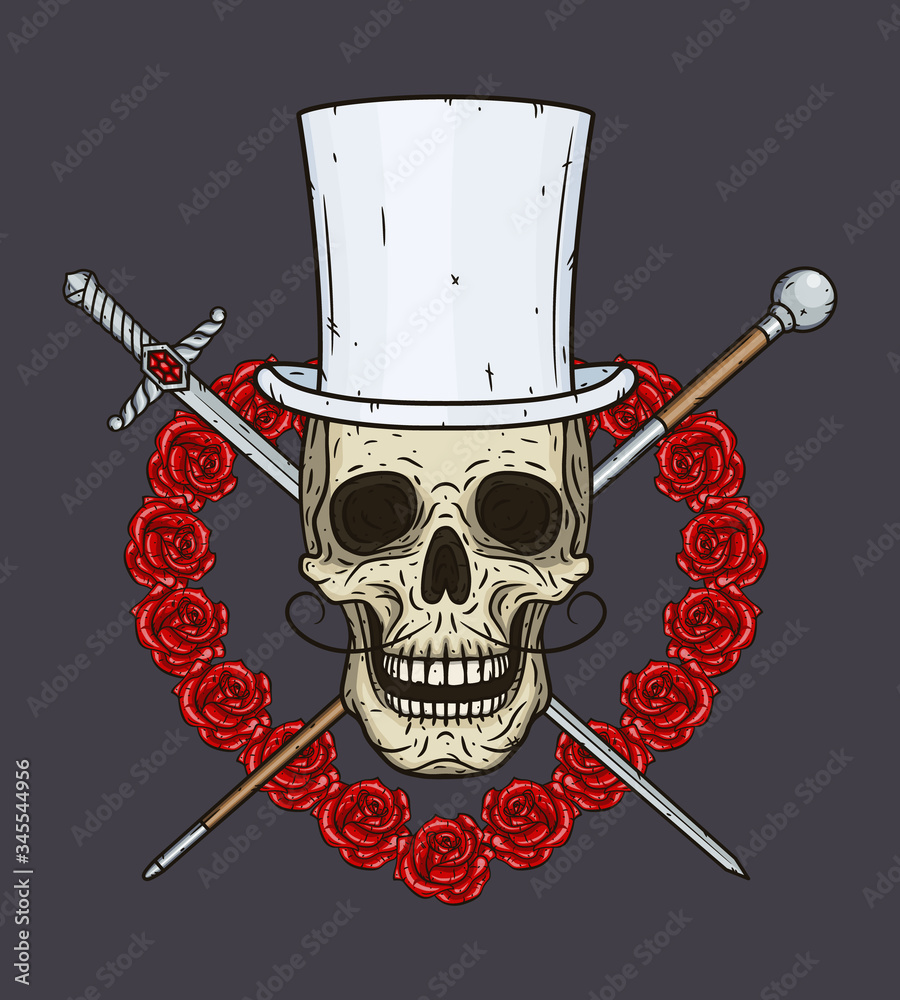 Skull in cylinder, with a walking stick, a rapier and red roses. Stock ...