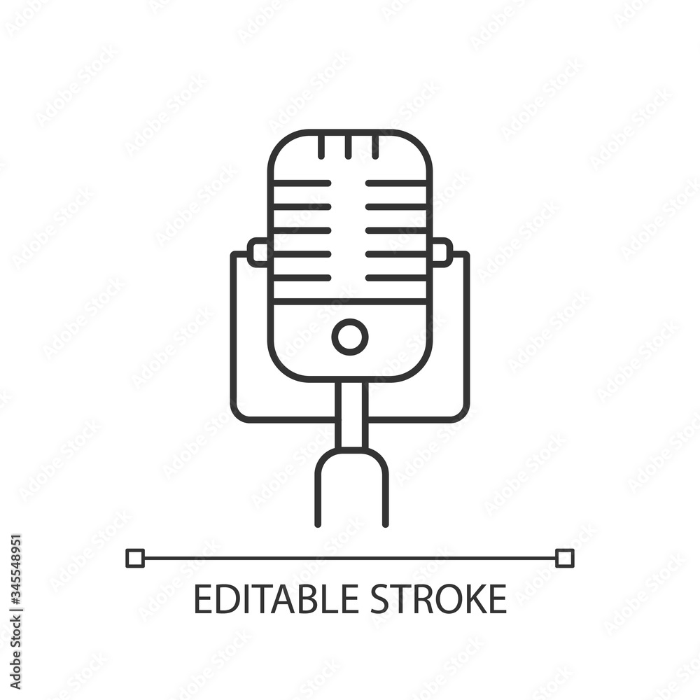 Vintage microphone pixel perfect linear icon. Mic to perform live on ...