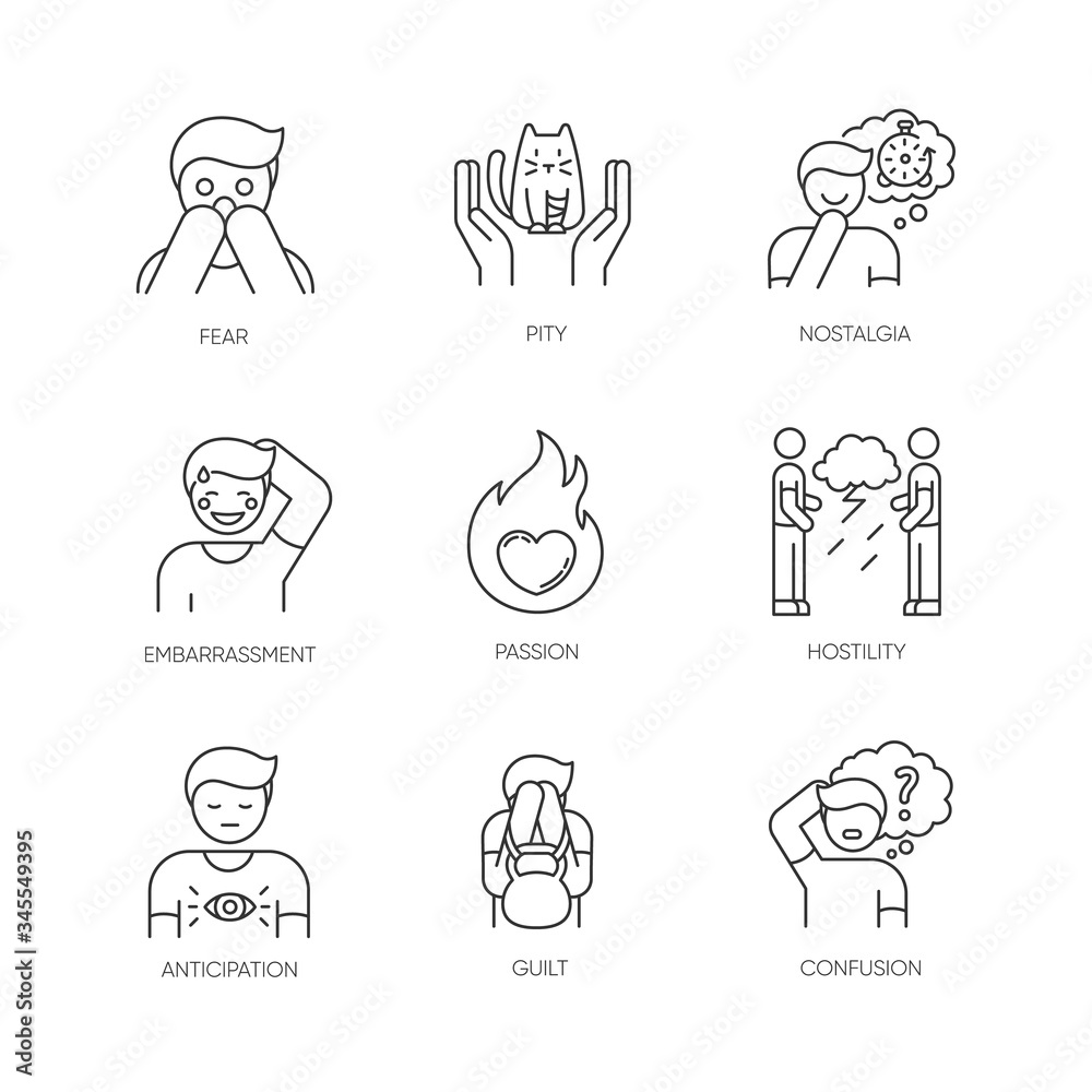 Emotion pixel perfect linear icons set. Fear from phobia. Human ...
