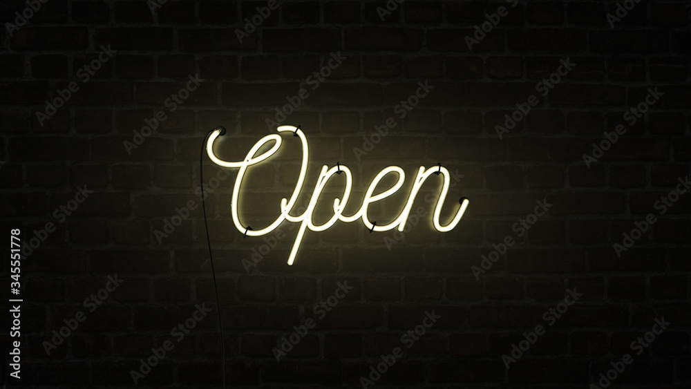 Bright neon yellow sign saying the word Open on a dark brick wall ...
