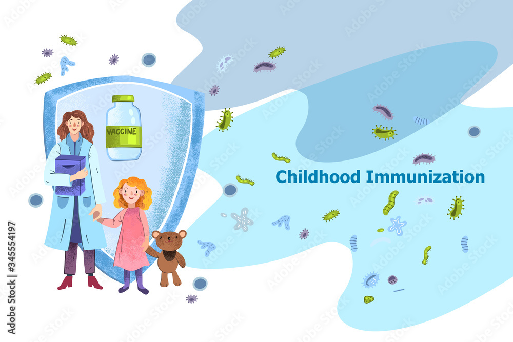 Vector banner in modern flat style “Childhood Immunization” with female ...