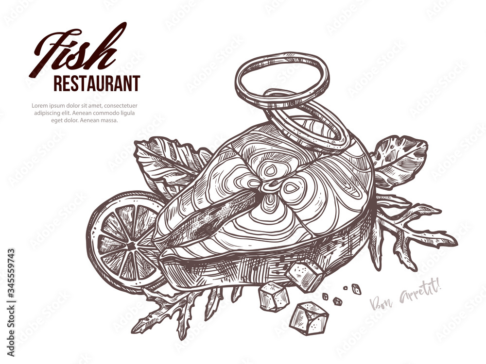 Salmon red fish slice or steak for grill and bbq with lemon, vegetables ...