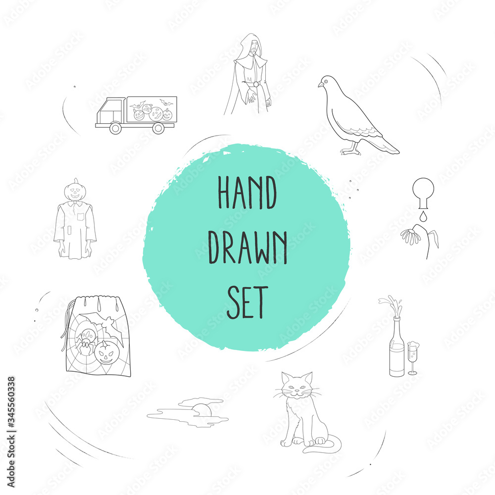 Set of witch icons line style symbols with evil sorcerer, pumpkinhead ...